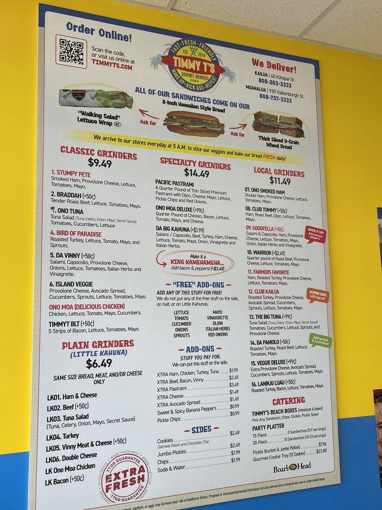 Menu at Timmy T's Gourmet Grinders Sandwich Shop, Honolulu