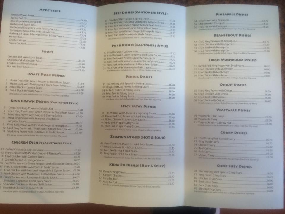 Menu at Wishing Well restaurant, Portaferry