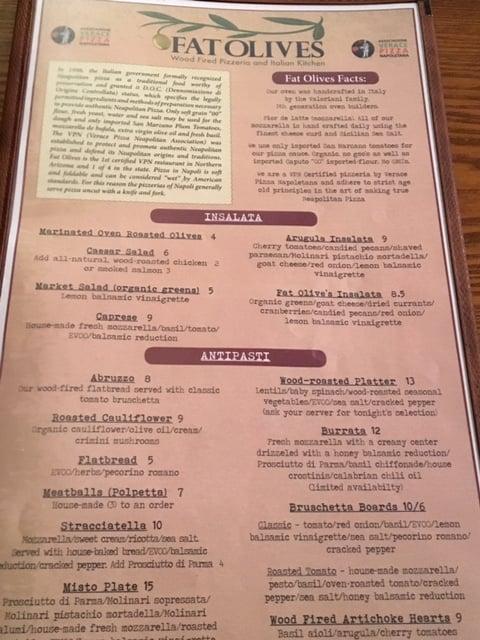 Menu at Fat Olives pizzeria, Flagstaff