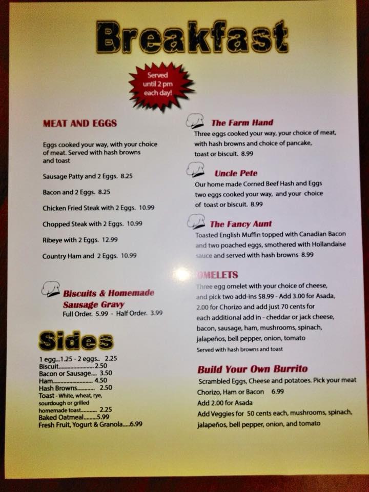 Menu at Grandma's Cafe, Branson, 9 Treasure Lake Dr
