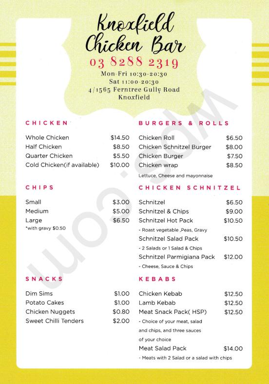 Menu at Knoxfield Chicken Bar, Knoxfield