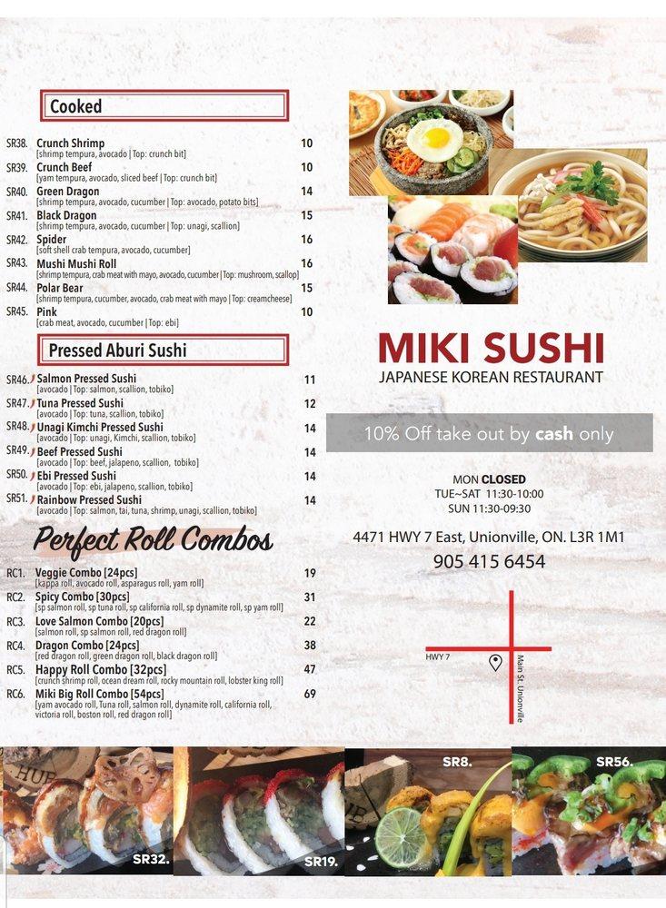 Menu at MiKi sushi restaurant, Markham