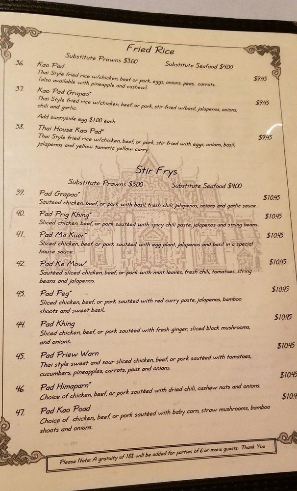 Menu at Thai House Restaurant, Modesto