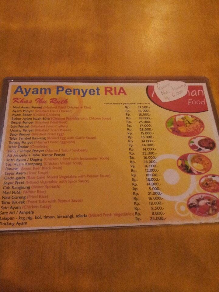 Menu at Ayam Penyet Ria restaurant, Batam, Mega Mall Batam Center