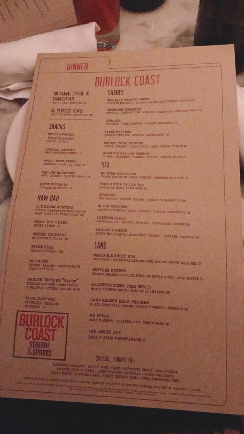 Menu at Burlock Coast restaurant, Fort Lauderdale