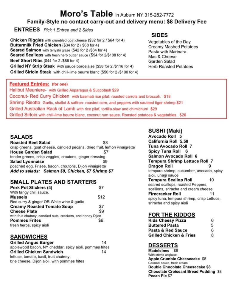 Menu at Moro's Table restaurant, Auburn