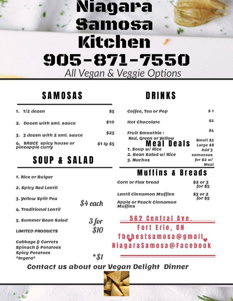 Menu at Niagara Samosa Factory restaurant, Fort Erie