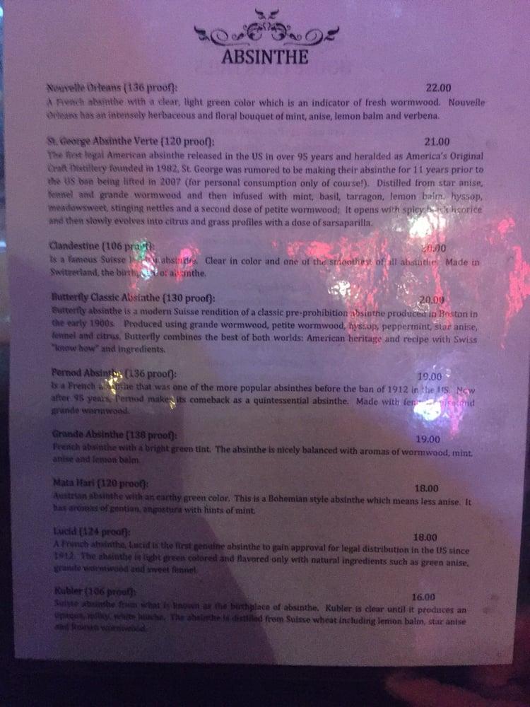 Carta del pub y bar Old Absinthe House, Nueva Orleans, 240 Bourbon St