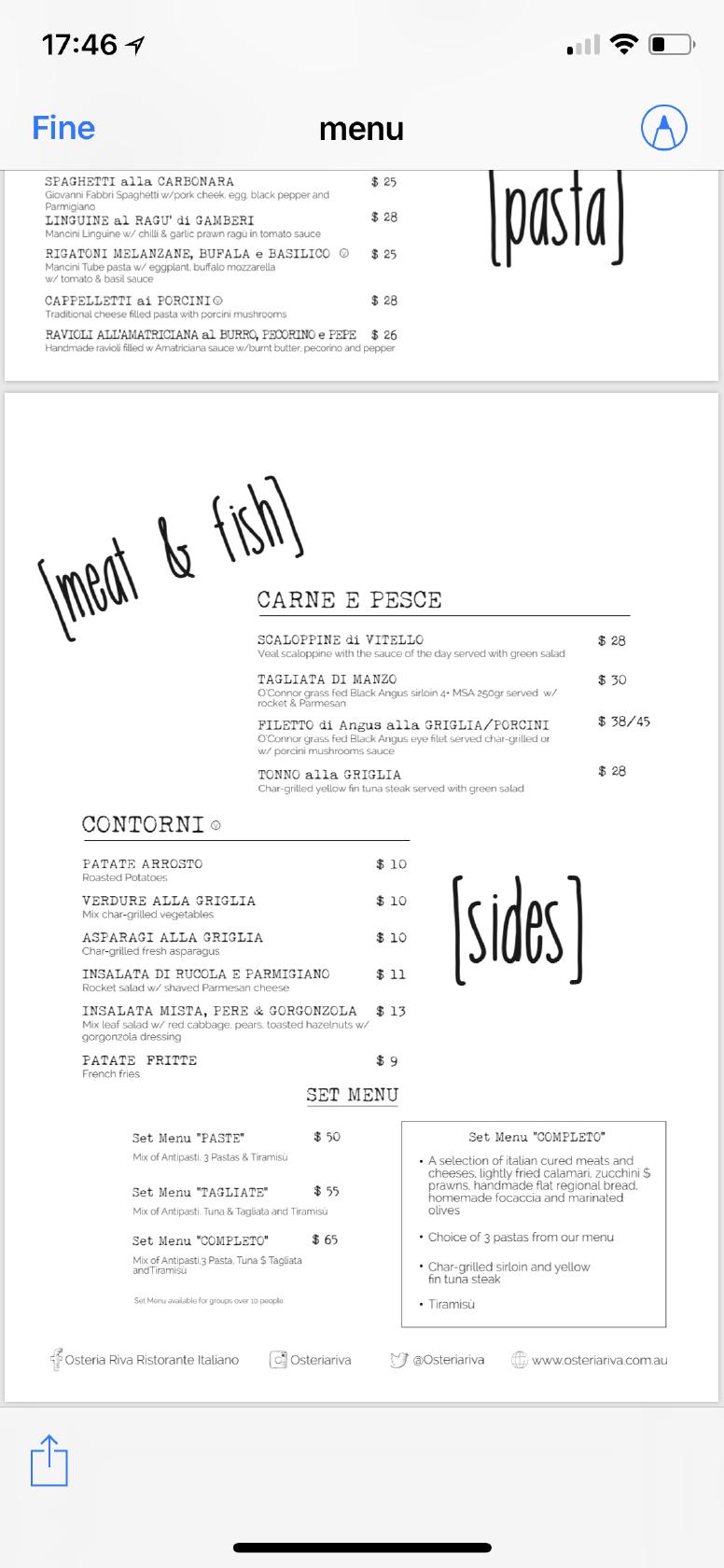 Menu at Osteria Riva restaurant, Bondi Junction