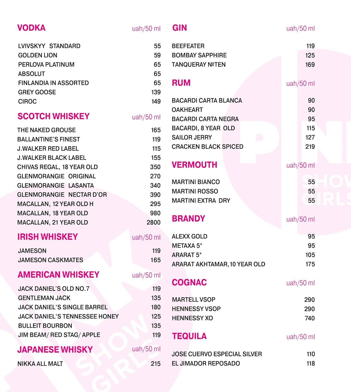 Menu at Pink Show Girls club, Lviv