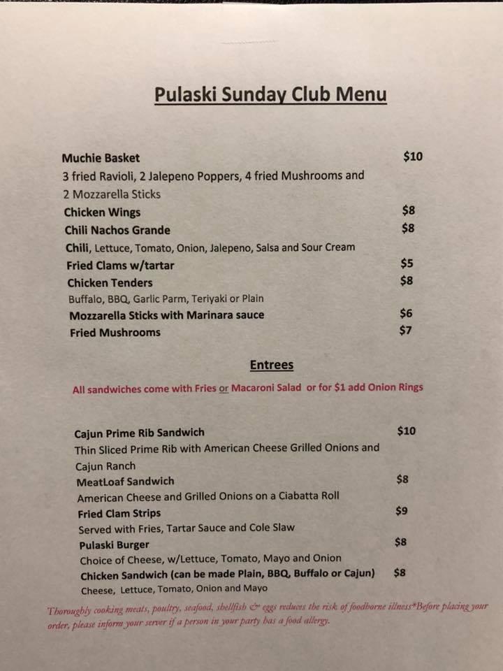 Menu at Pulaski Club, Easthampton