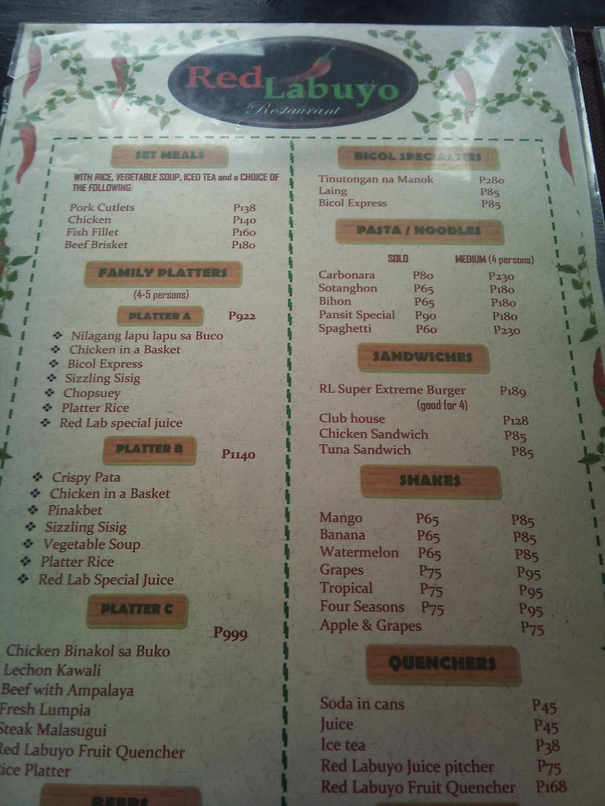 Menu at Red Labuyo Restaurant, Daraga, 5P26+4V6
