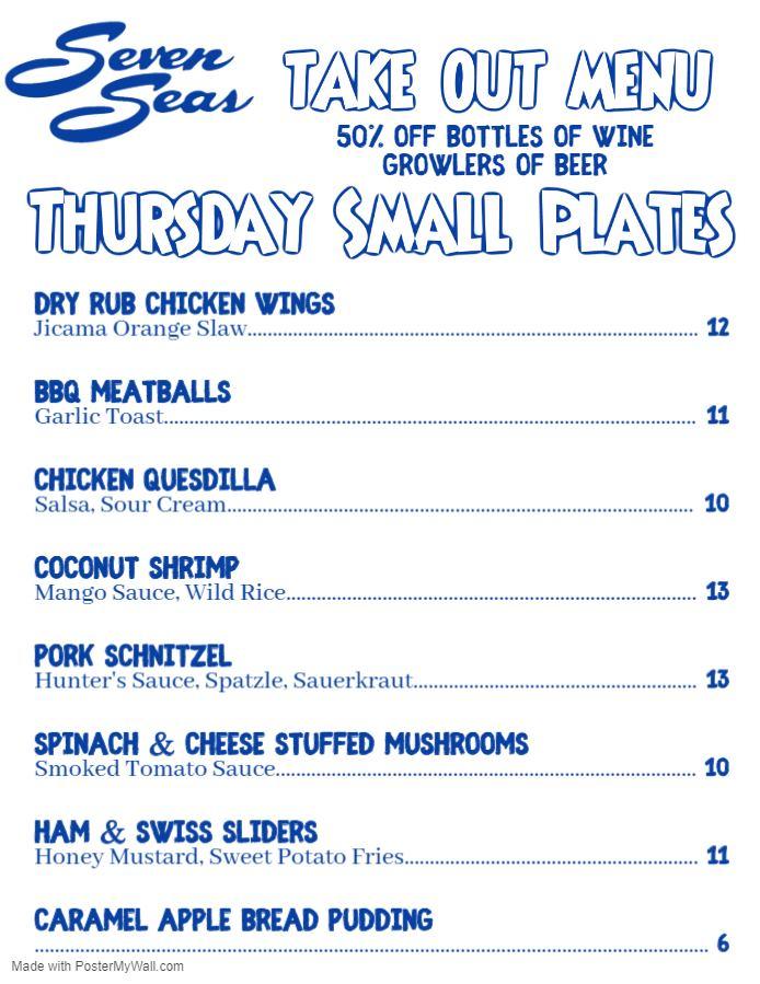 Menu at Seven Seas Seafood & Steak restaurant, Hartland