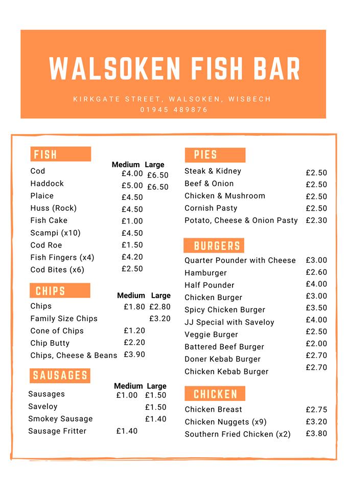 Menu at Walsoken Fish Bar, Wisbech