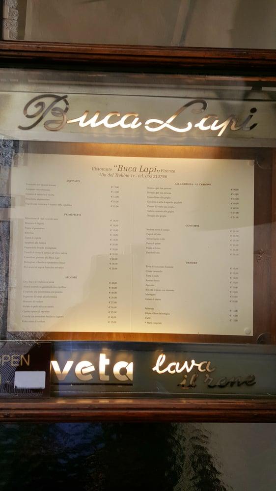 Menu at Buca Lapi restaurant, Florence