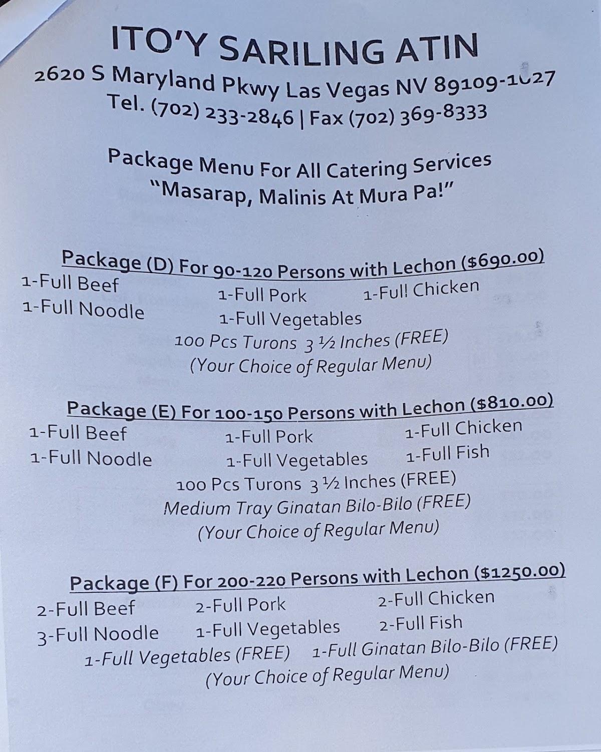 Menu at Itoy Sariling Atin restaurant, Las Vegas