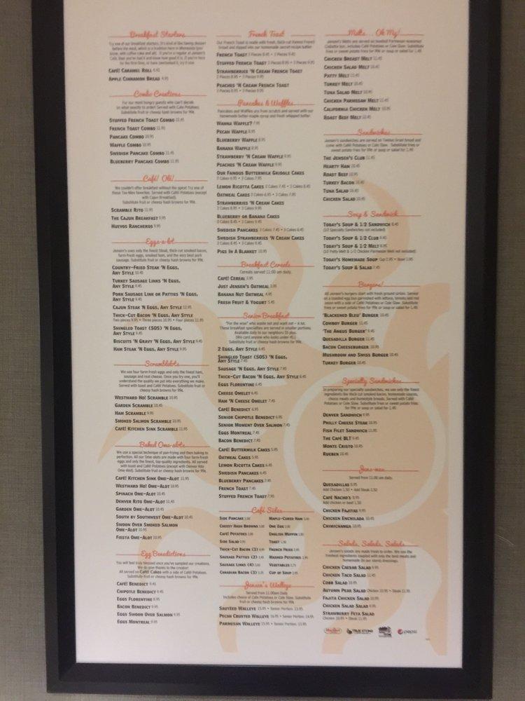 Menu at Jensen's Cafe, Burnsville