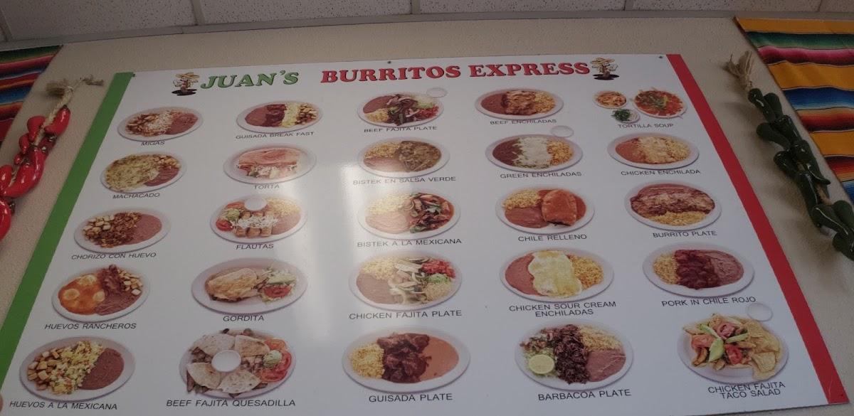 Menu at Juan's Burrito Express restaurant, Fort Worth