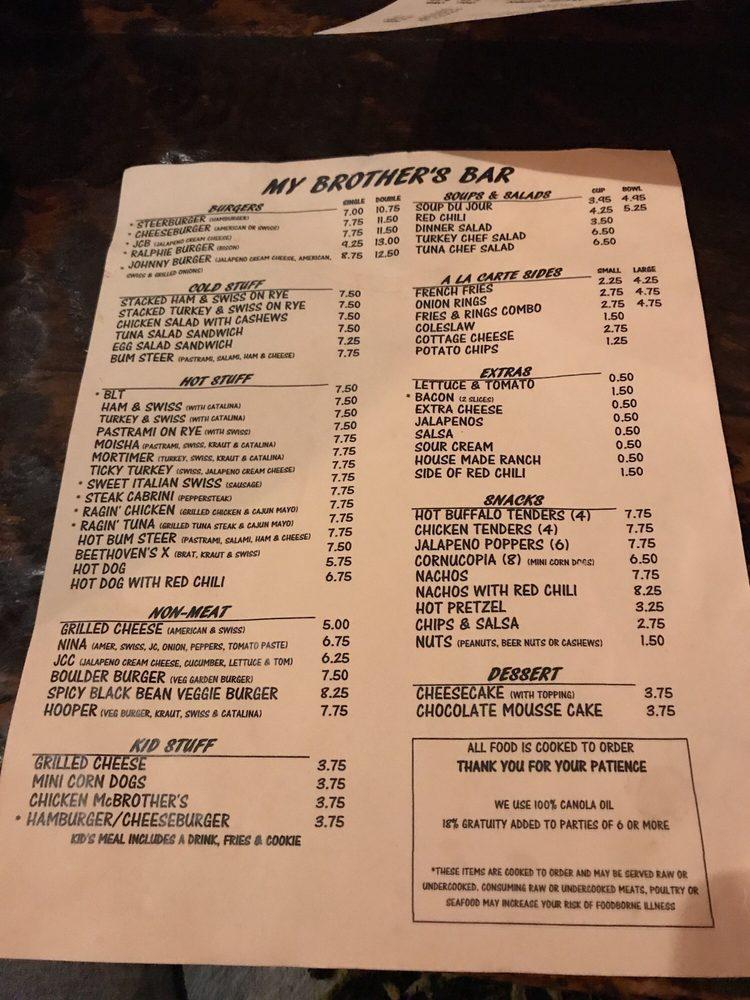 Menu at My Brother's Bar, Denver