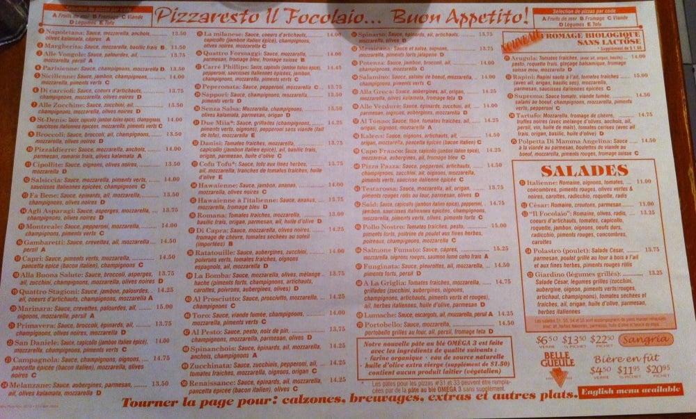Menu at Pizza Il Focolaio pizzeria, Montréal
