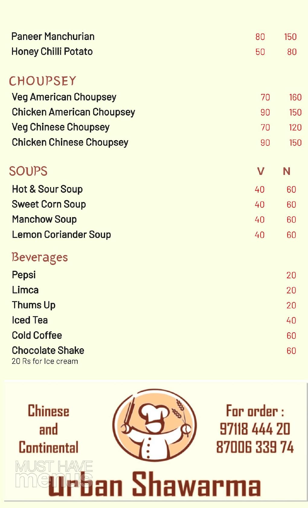 Menu at Urban Shawarma, New Delhi