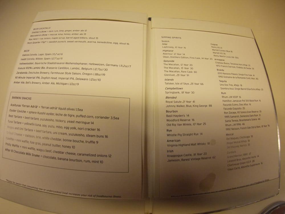 Menu at barmini by José Andrés, Washington