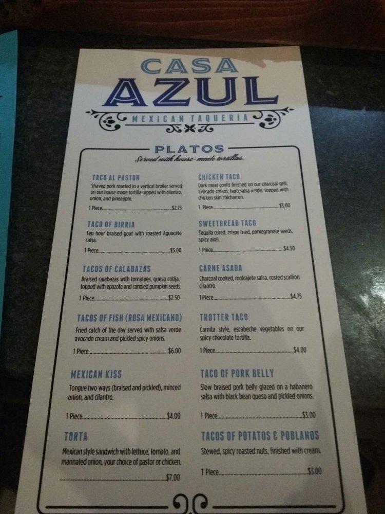 Menu at Casa Azul restaurant, Buffalo, 191 Allen St