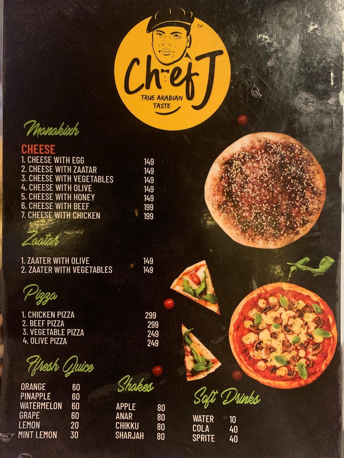 Menu at Chef J, Thalassery, AVK Nair Road