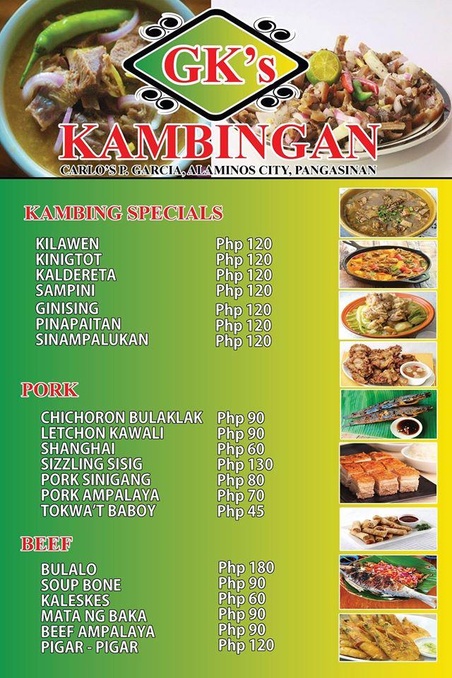 Menu at Gk's Kambingan restaurant, Alaminos
