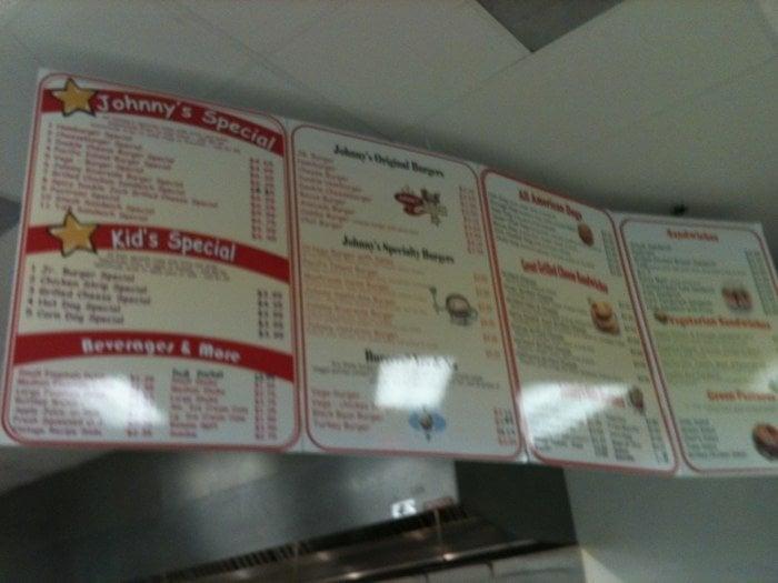 Menu at Johnny's Burgers restaurant, Riverside, Riverside Plaza Dr