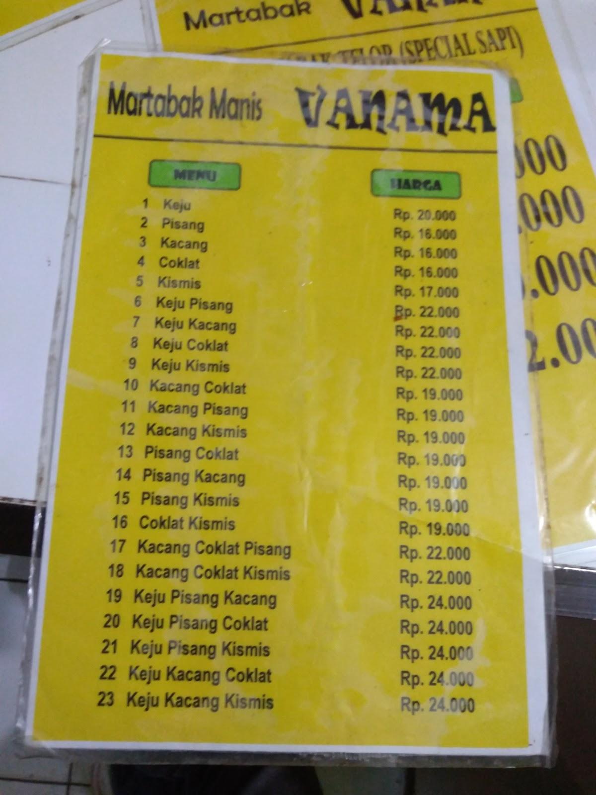 Menu at Martabak Manis Dan Asin Vanama restaurant, Pangalengan