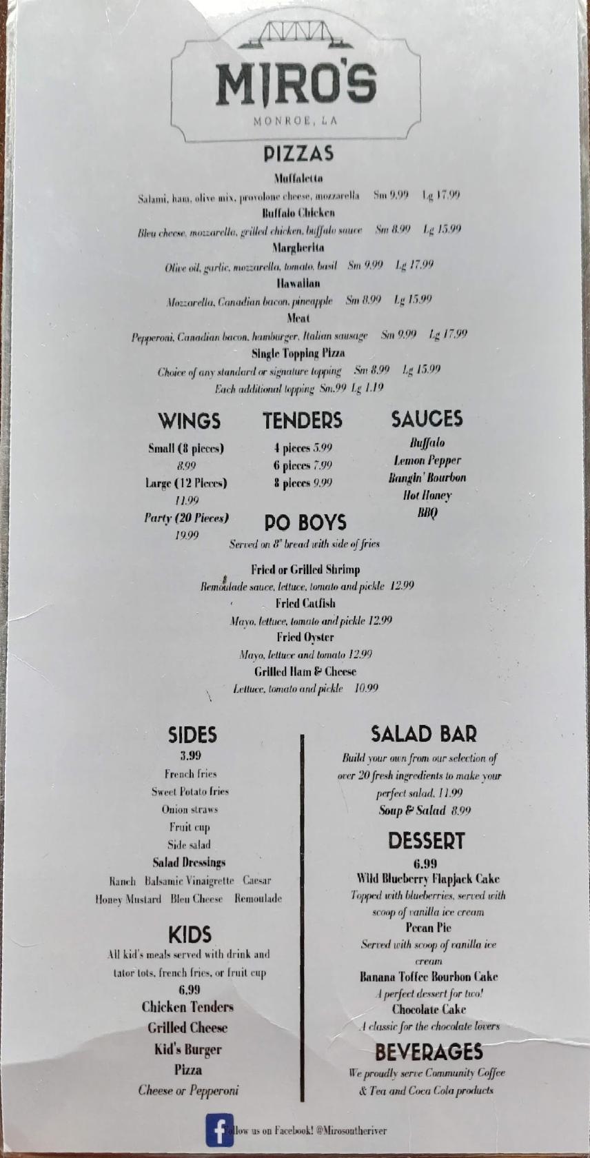 Menu at Miro's restaurant, Monroe