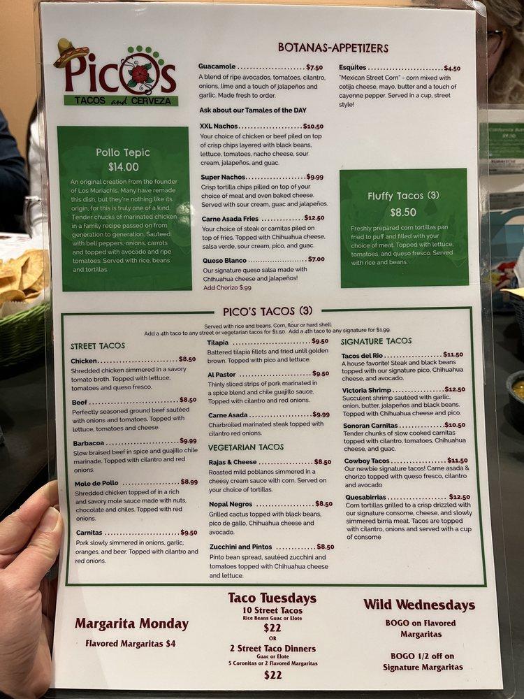 Menu at Pico's Tacos and Cerveza restaurant, Racine