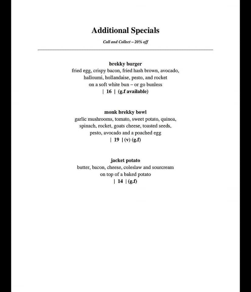 Menu at Seven Monks Cafe & Wares, Kings Meadows