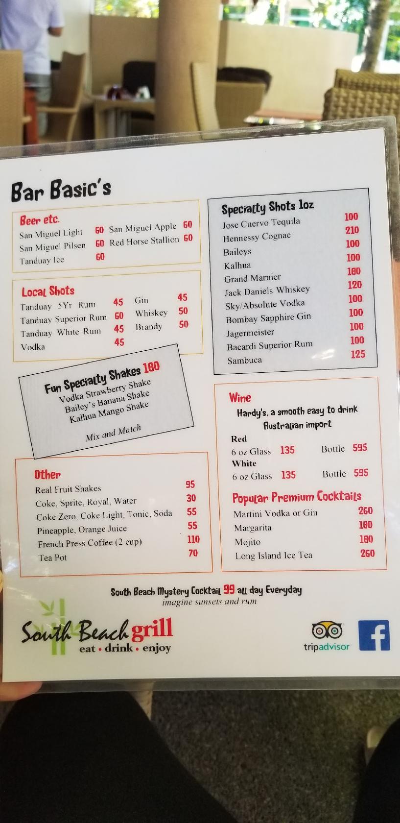 Menu at South Beach Grill restaurant, Bacong, 67GQ+4HF