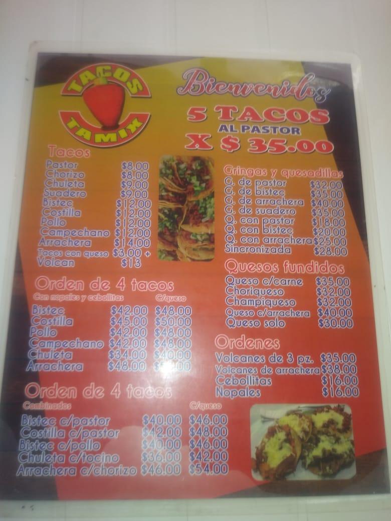Menu at Tacos Tamix restaurant, Cuautitlan