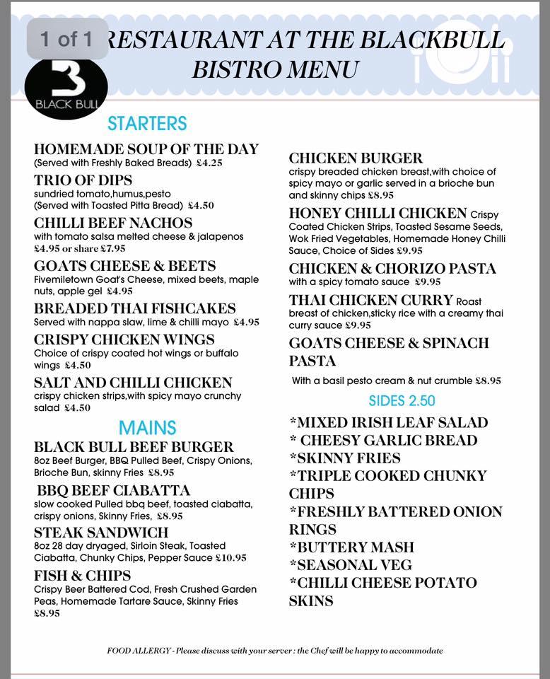 Menu at The Restaurant at the Blackbull, Randalstown, England