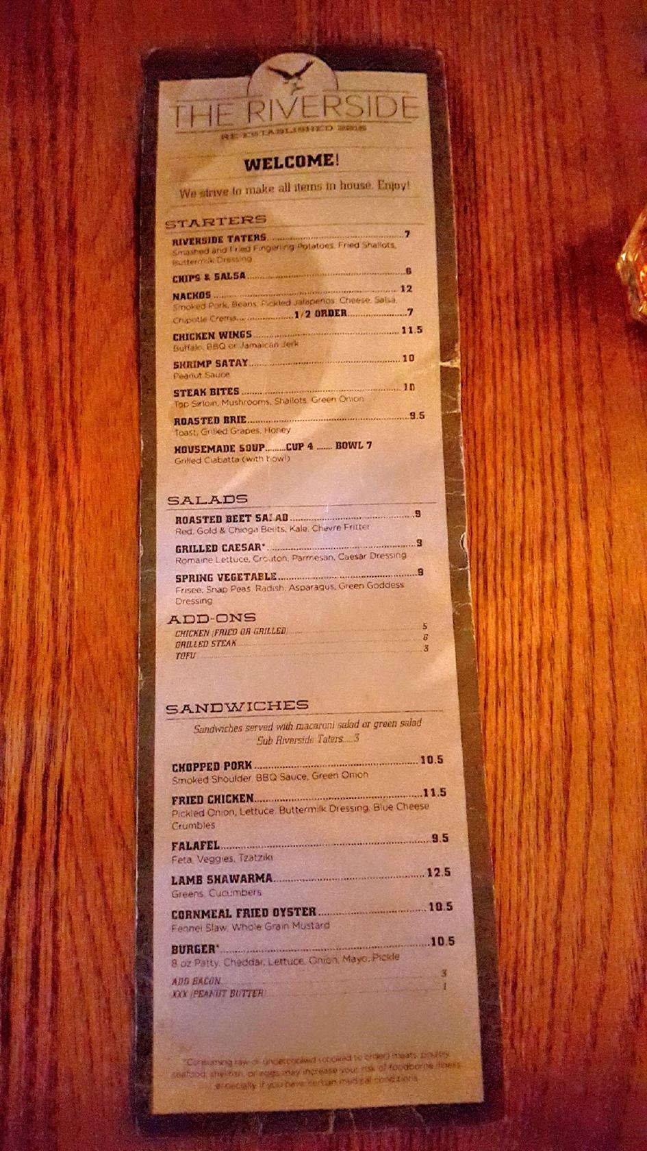 Menu at The Riverside restaurant, Maupin