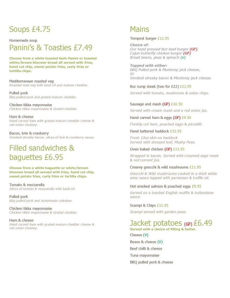 Menu at Tempest Arms pub & bar, Waddington