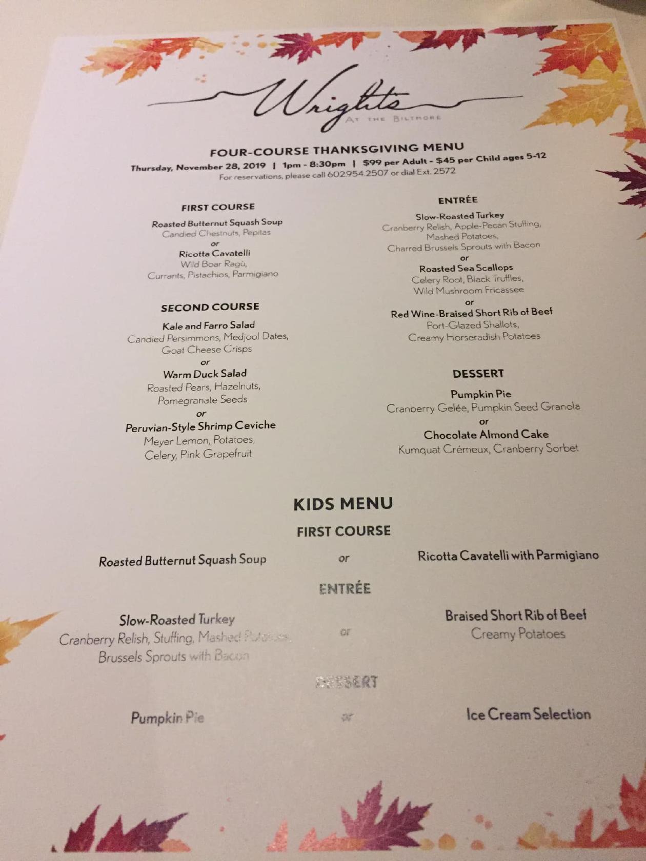Menu at Wright's at the Biltmore pub & bar, Phoenix