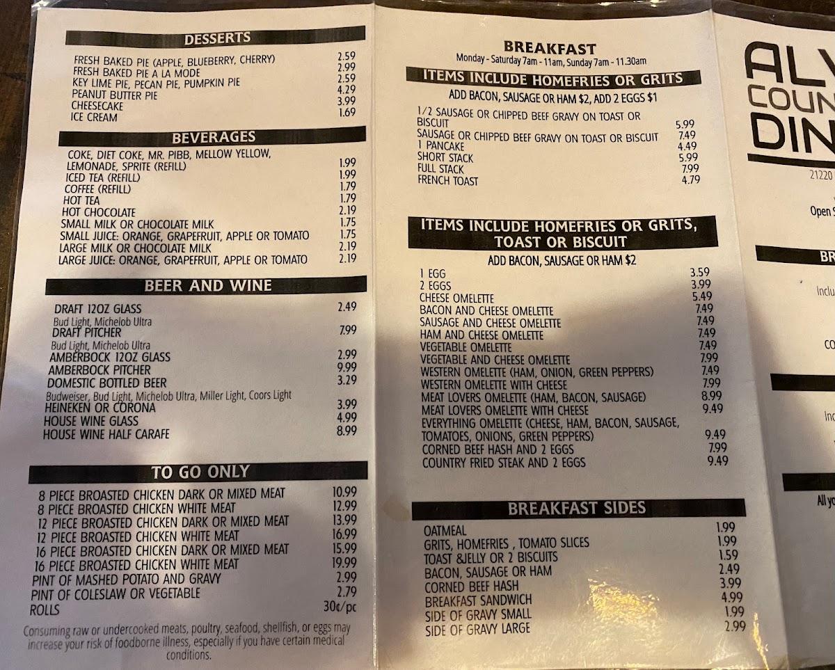 Menu at Alva Country Diner restaurant, Alva, Palm Beach Blvd #3841