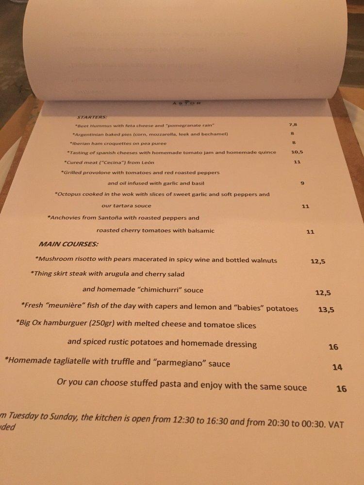 Menu at Ástor gastro-place restaurant, Madrid