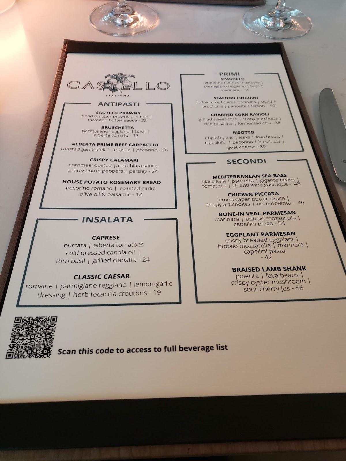 Menu at CASTELLO ITALIANA restaurant, Banff, 405 Spray Ave