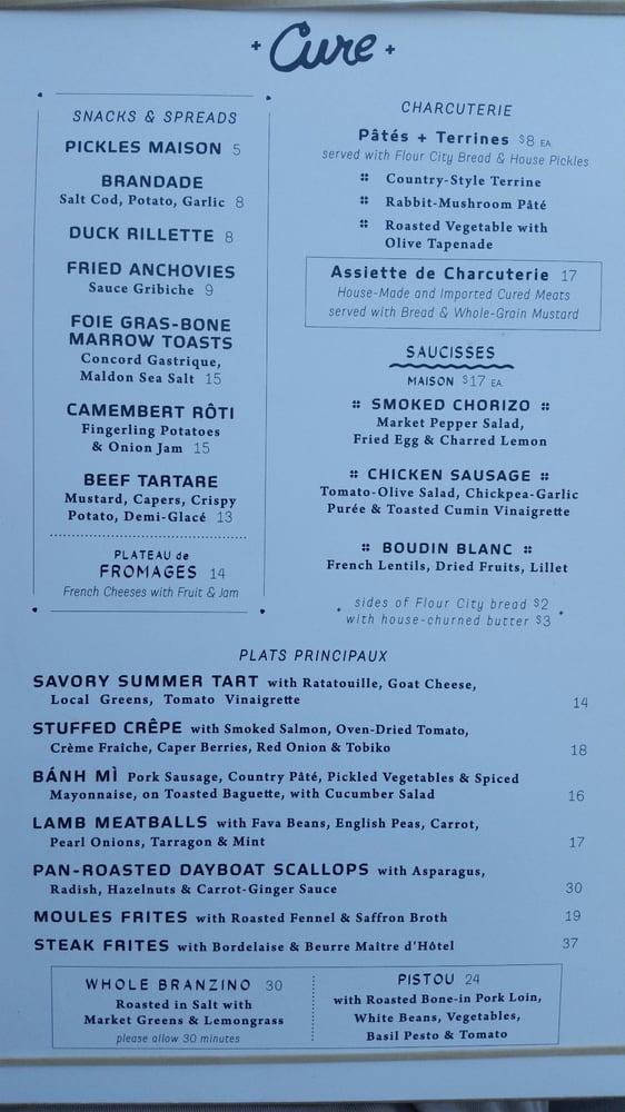 Menu at Cure restaurant, Rochester
