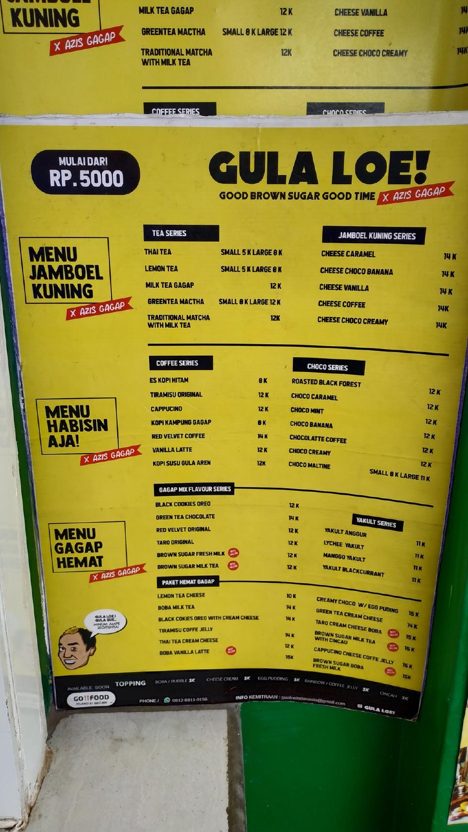 Menu at Gula Loe cafe, West Jakarta