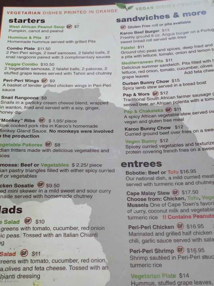 Menu at Karoo Restaurant, Eastham