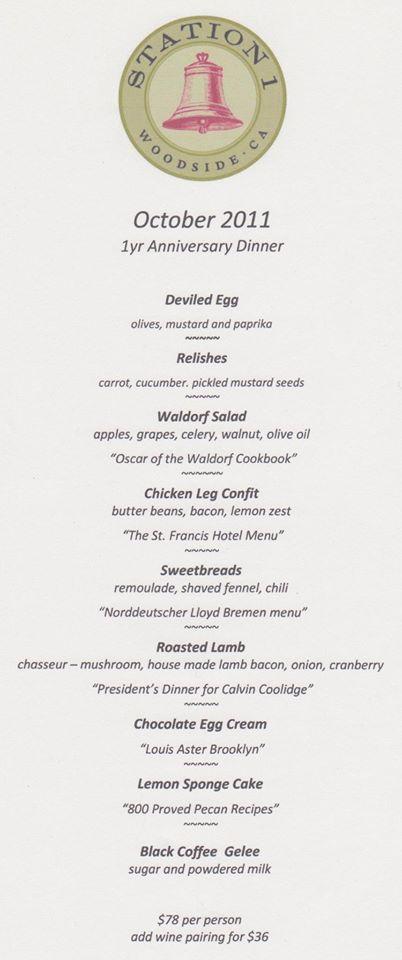 Menu at Station 1 Restaurant, Redwood City