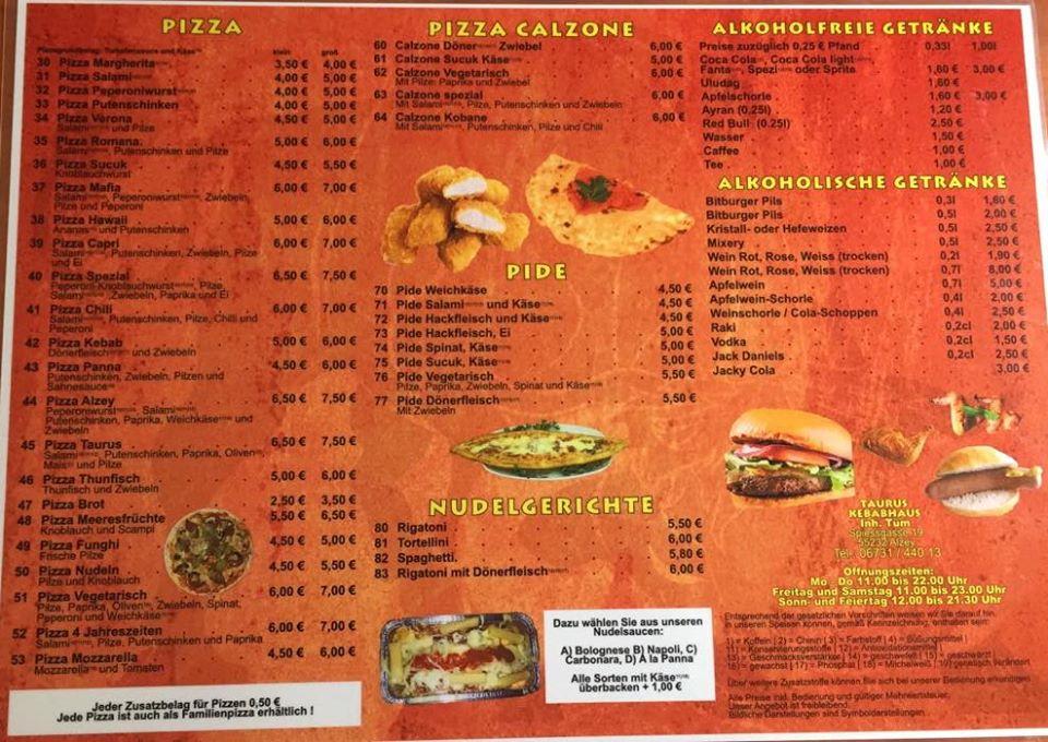 Speisekarte von Taurus Kebaphaus & Pizzeria, Alzey