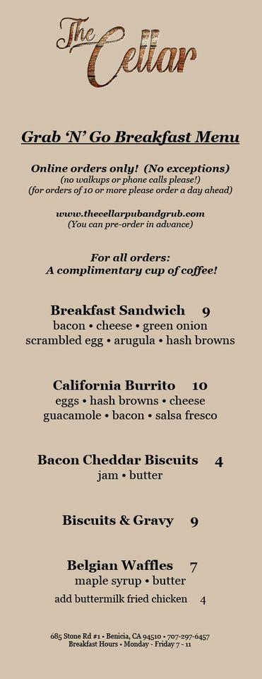 Menu at The Cellar restaurant, Benicia, 685 Stone Rd #1