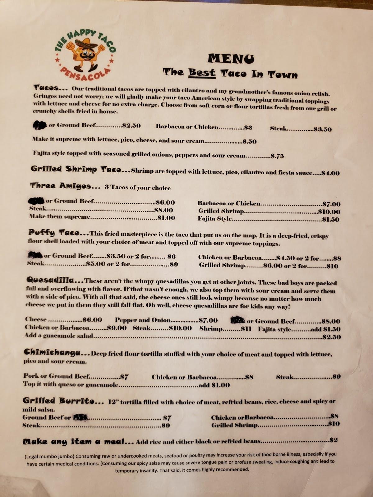 Menu at The Happy Taco restaurant, Cantonment